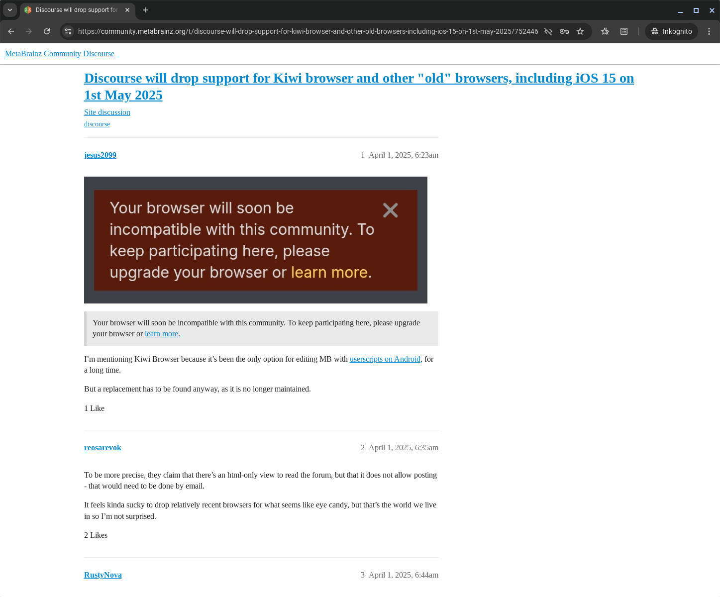 Discourse will drop support for Kiwi browser and other "old" browsers ...